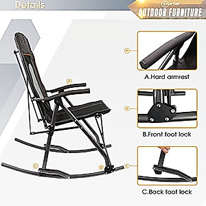 PORTAL Folding Camping Rocking Chairs Outdoor Mesh Patio Rocker Recliner Chairs with High Back Hard Armrest Support 300 lbs, Black