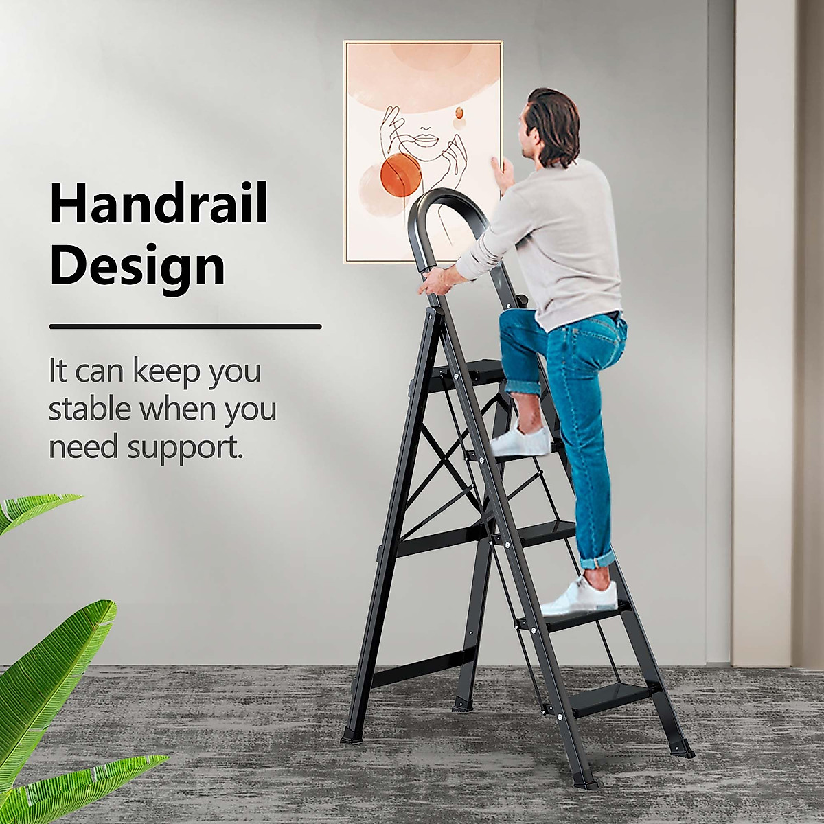 GameGem Lightweight Aluminum 5 Step Ladder Folding Step Stool with Convenient Handgrip Stepladders for 10 Foot High Ceiling with Anti-Slip and Wide Pedal for Home Use Space Saving - Brown Gold