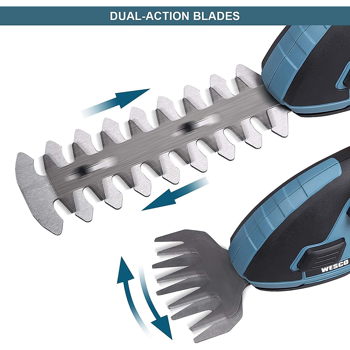 WESCO 7.2V Grass Shears Hedge Trimmer, 2-in-1 Handheld Shrub Trimmer with Rechargeable Lithium-ion Battery and Charger