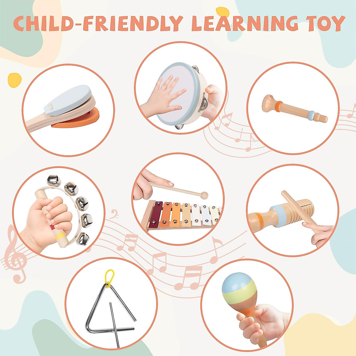 Baby Musical Instruments Set - Montessori Wooden 18 Month Old Baby Musical Toys Toddler Percussion Instruments Xylophone Maracas Tambourine for Kids, 2 3 4 Year Old Girls Boys Easter Birthday Gifts