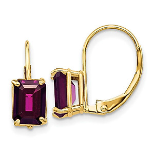 Emerald Cut Natural Rhodolite Garnet Leverback Earrings in 14k Yellow Gold 7x5mm