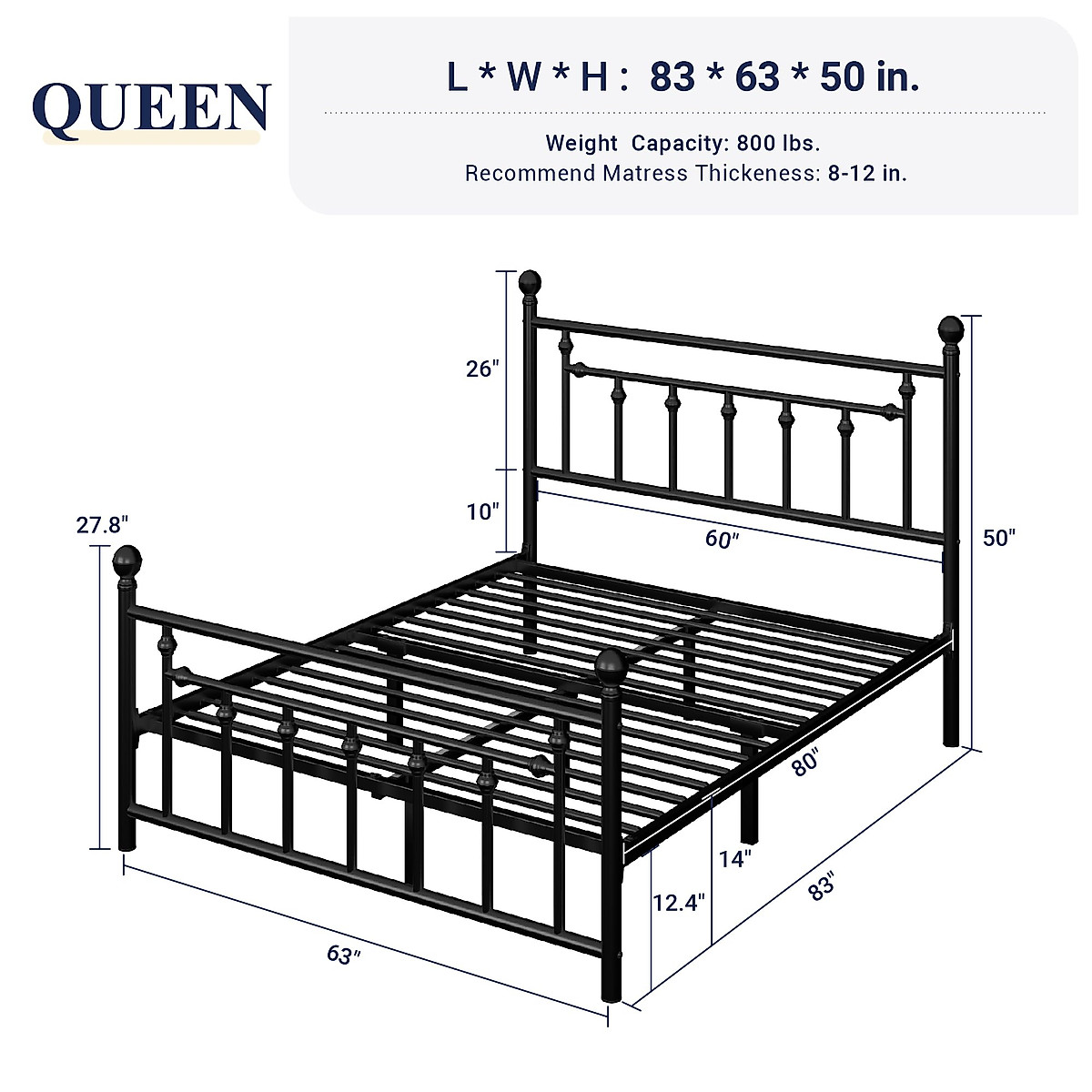 Allewie 14 Inch Queen Metal Bed Frame with Vintage Headboard