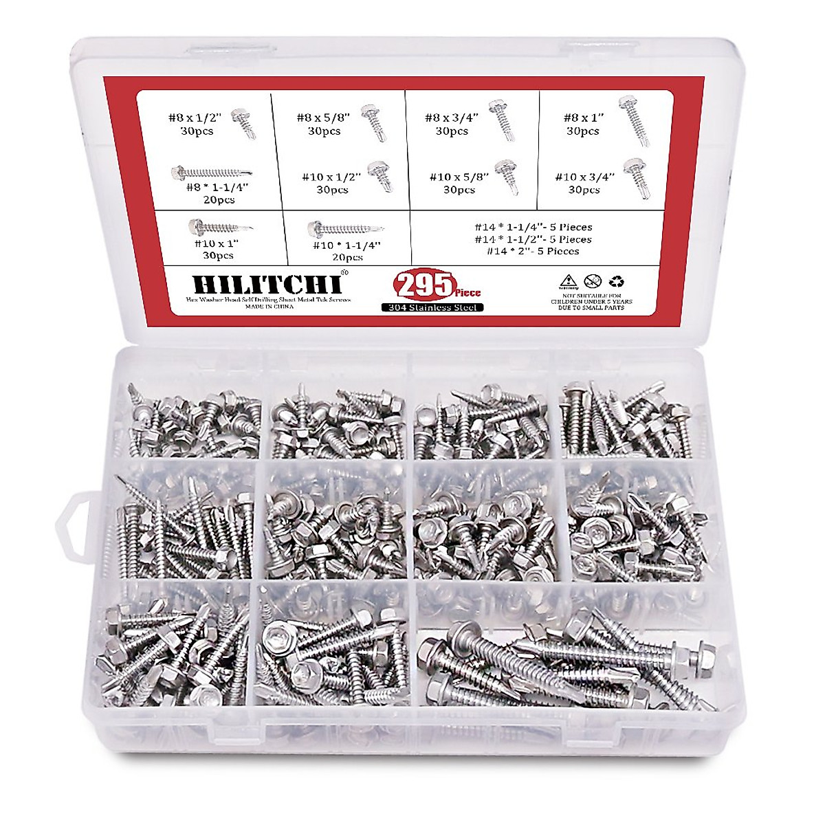 Hilitchi 295 Pieces #8 / #10 / #14 Stainless Hex Washer Head Self Drilling Sheet Metal Tek Screws with Drill Point (1/2'' to 2'' Size Inside Plastic Box)