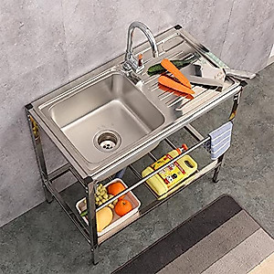Free Standing Commercial Sink With Single Bowl, 1 Compartment Stainless Steel Kitchen Sink W/Storage Shelves & Faucet, Multifunctional Sink Kit For Camping Cafe Garage Basement, Silver