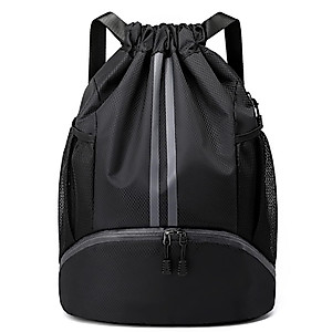 BROTOU Soccer Bags, Football Backpack, Volleyball Bag, Drawstring Soccer Backpack with Ball and Shoe Compartment, Gym Bags for Men/Women, Football bags for Equipment Swim Gym Bag (L,Black)