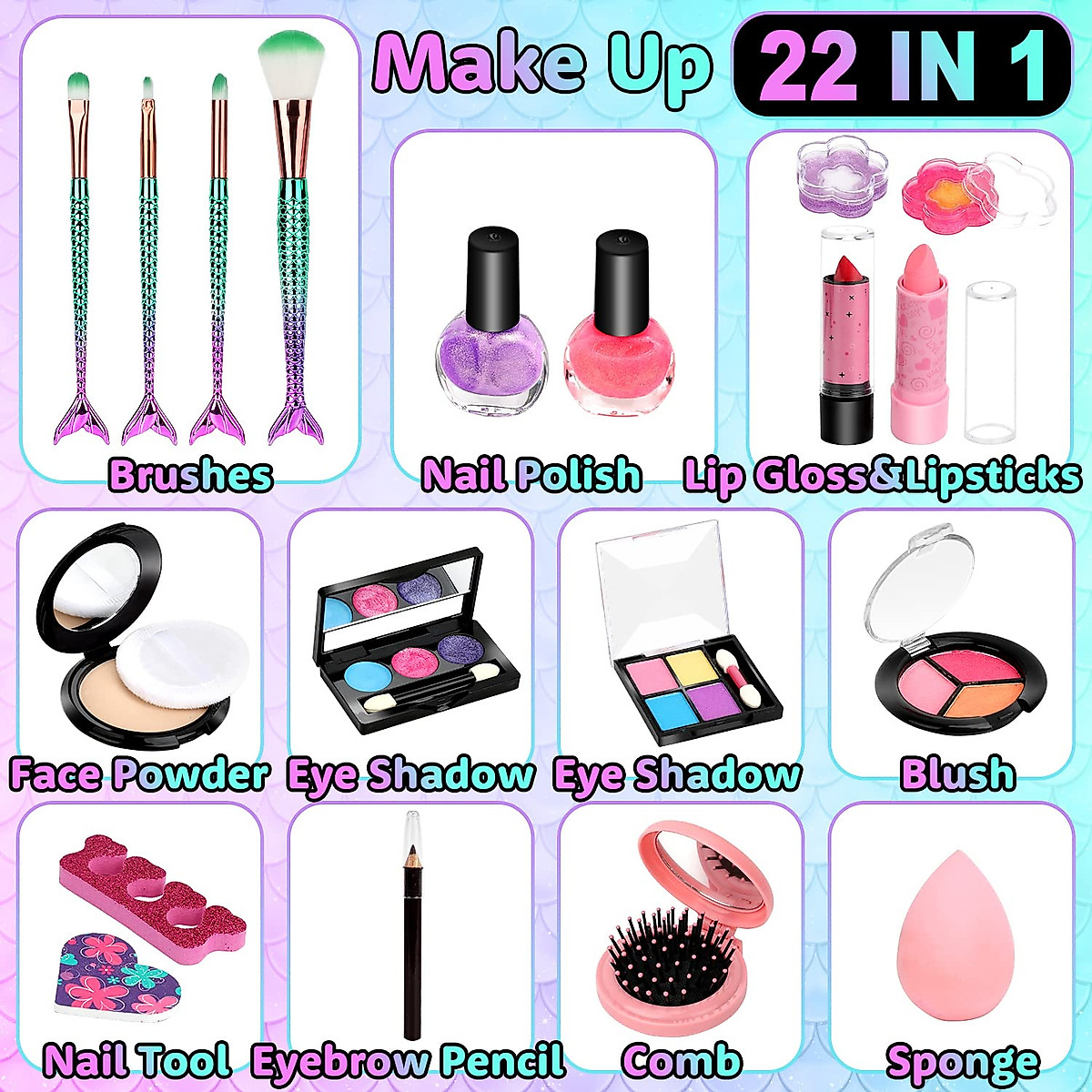 Kids Makeup Kit for Girl, Toddler Makeup Kit, Play Makeup for Little Girls, Washable Children Makeup Set, Mermaid Princess Birthday Girls Gift Toys for Age 4 5 6 7 8 9 Year Old