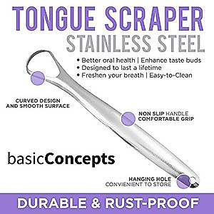 BASIC CONCEPTS Tongue Scraper for Adults (2 Pack), Reduce Bad Breath (Travel Cases Included), Stainless Steel Tongue Cleaners, 100% Metal Tongue Scraper with Case Fresh Breath Tongue Cleaner Oral