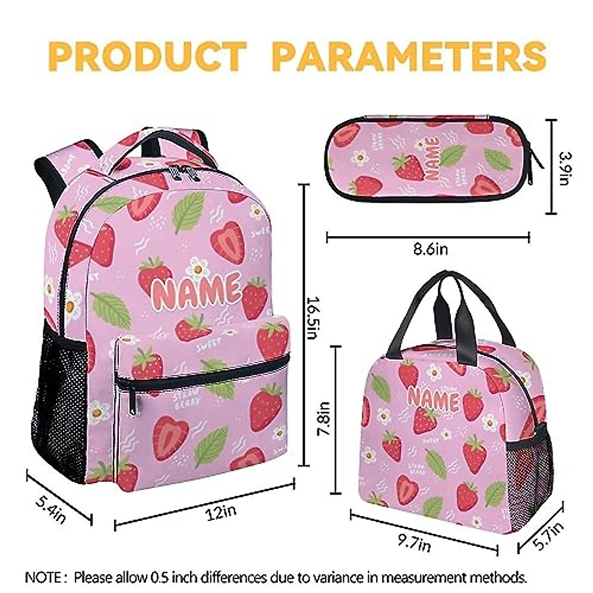 Homexzdiy Personalized Strawberry Backpack with Lunch Box Set for Girls, Custom 3 in 1 School Backpacks Matching Combo, Cute Pink Bookbag and Pencil Case Bundle