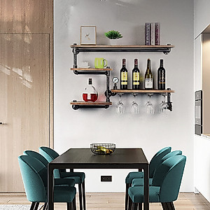 Wall Wine Rack with 4 Stem Glass Holder Wall-Mounted Wine Racks, 39.37" Industrial Pipe Shelf Wine Rack Metal Floating Bar Shelves, Farmhouse Wall Shelf Wine Holder for Kitchen Dining Room Bar