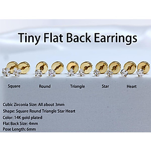 Flat Back Earrings for Women Hypoallergenic: 5 Pairs 14K Gold Tiny Stud Earrings in Stainless Steel Lightweight Round Star Square Heart Triangle Cubic Zirconia Earrings Studs for Lobe, Cartilage, Helix (14K Gold Plated)