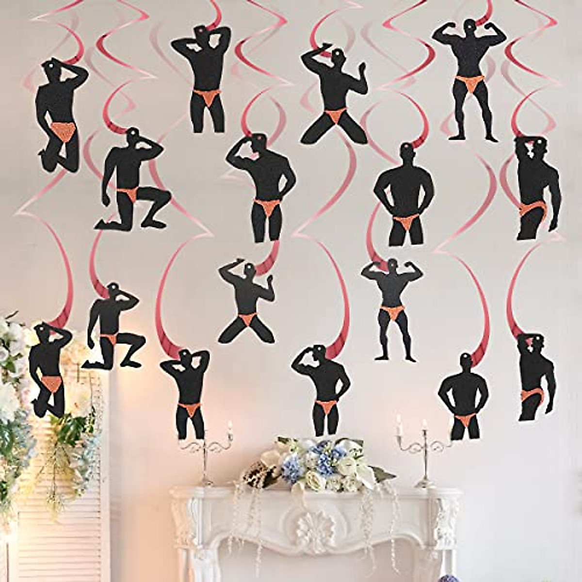 30Pcs Bachelorette Party Hanging Swirls Decorations, Rose Gold Male Dancer Hen Party Supplies, Bridal Shower Dirty & Naughty Bachelorette Party Decor for Women