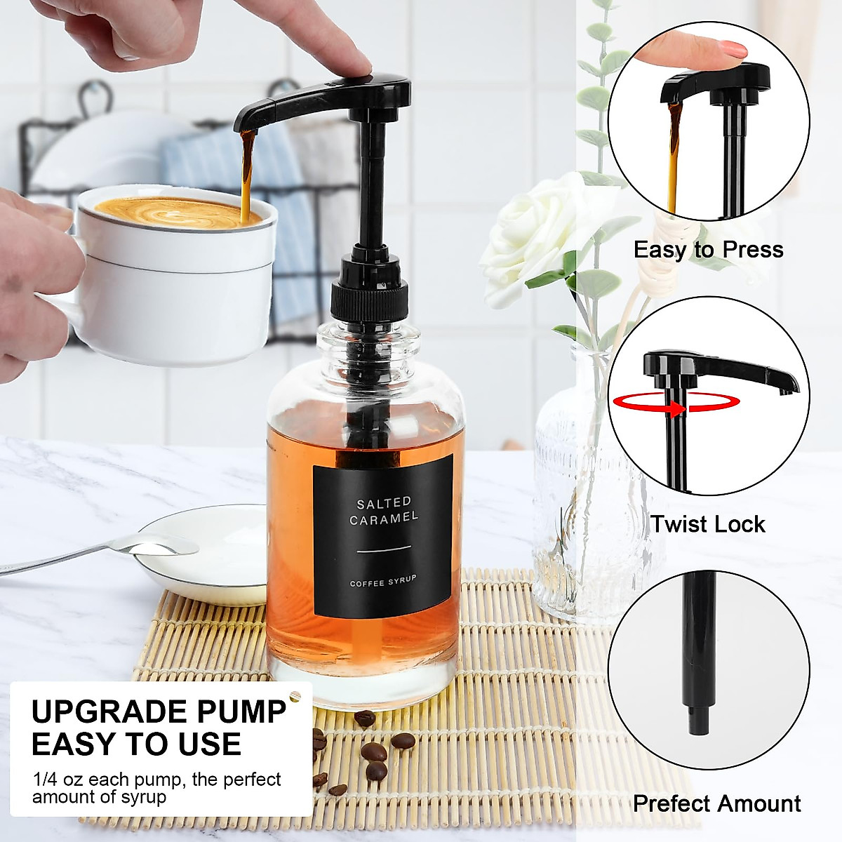 MUVEKA Coffee Syrup Dispenser for Coffee Bar, Glass Syrup Dispenser with Pump, Coffee Syrup Pump Dispenser Bottle with Tray, Spoon for Coffee Station, Coffee Bar Organizer, Black,16.9 oz, 500 ml