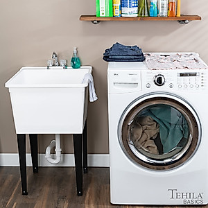 Tehila Basics by JS Jackson Supplies 21-Gallon White Freestanding Utility Sink with Chrome Finish 2-Handle Faucet, Heavy Duty Plastic Laundry Tub with Adjustable Legs