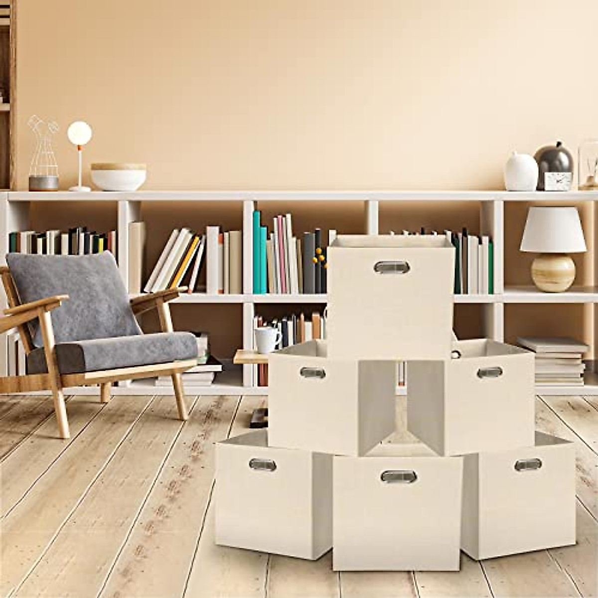 6 Pcs Fabric Storage Cubes 13x13x13 Cube Storage Bins with Metal Handle Collapsible Cube Storage Organizer Bins Basket Storage Square Basket for Organizing Shelf Cabinet Bookcase Boxes (Beige)