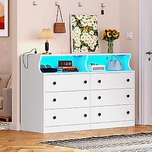 Hasuit 6 Drawer Dresser with LED Lights and Charging Station, Wide Chest of 6 Drawers with Open Space, Modern Large Capacity Storage Cabinet, White Dresser for Bedroom, Living Room, Hallway