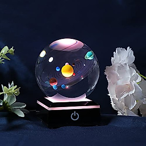 3D Crystal Ball with Solar System Model and LED lamp Base, Clear 80mm (3.15 inch) Solar System Crystal Ball, Best Birthday Gift for Kids, Teacher of Physics, Girlfriend Gift, Classmates and Kids Gift