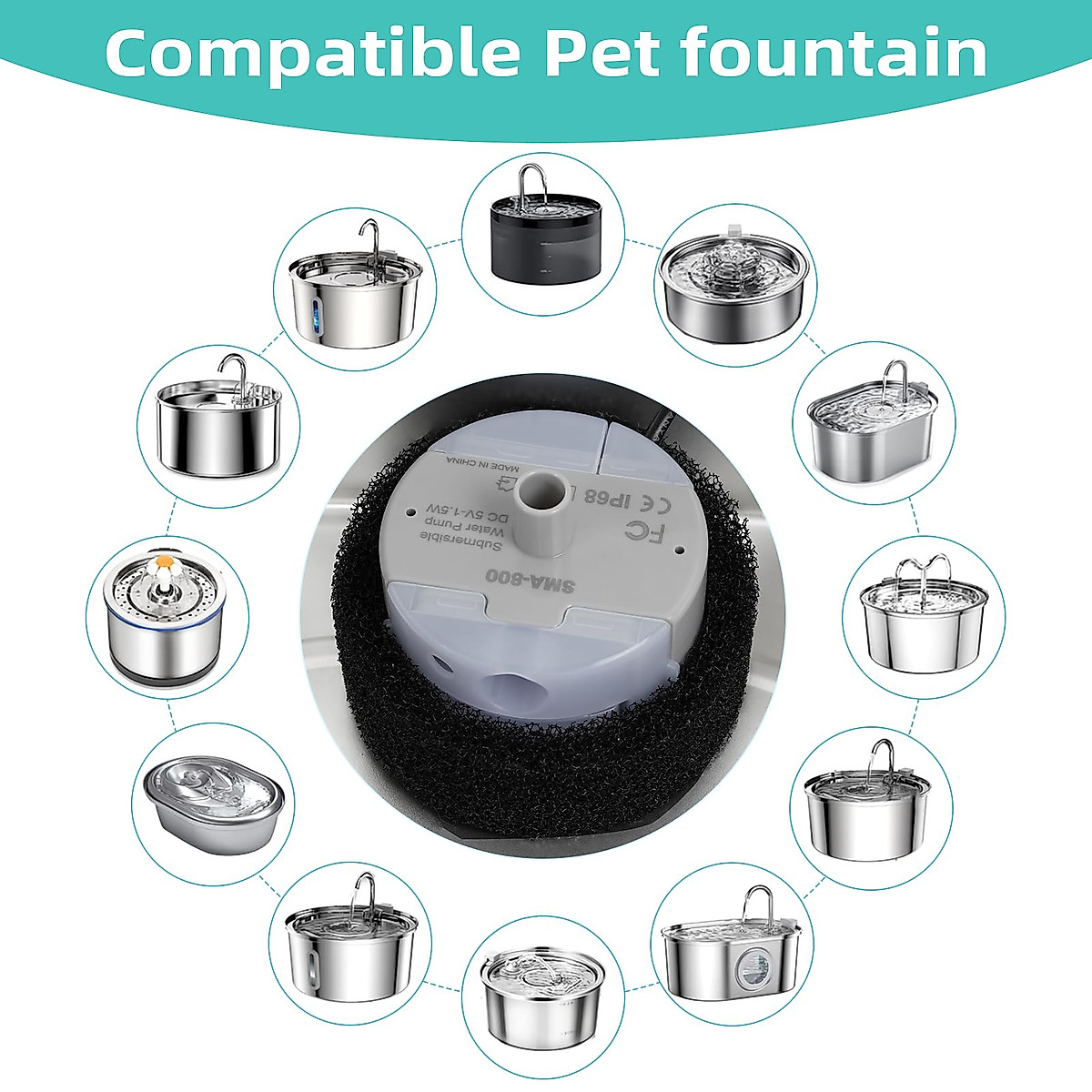 Ultra-Quiet Replacement Pump for Stainless Steel Cat Water Fountains - SMA-800 Motor - Safe and Easy to Clean with Low Voltage DC 5V and USB Cable (Side Suction Pump)