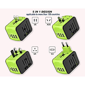 RXSQUL Universal International Power Travel Plug Adapter, 5 in 1 European Adapter W/ 2.4A 3xUSB-A 3.0A 1xUSB C Wall Charger and Worldwide AC Outlet for Europe USA UK AUS Asia-Green