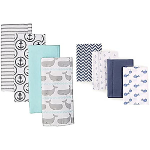 Hudson Baby Boy Cotton Flannel Burp Cloth 8-Pack, Gray Whale Whale