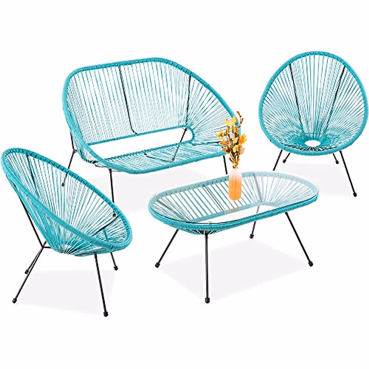 Best Choice Products 4-Piece All-Weather Acapulco Conversation Set, Outdoor Patio Furniture w/Loveseat, Woven Plastic Rope, Glass Top Table, 2 Chairs - Teal