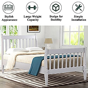 Merax Twin Bed Frames, Twin Platform Bed with Headboard and Footboard, Wood Twin Bed Frame with Slat Supports for Kids Girls Boys, No Box Spring Needed,White