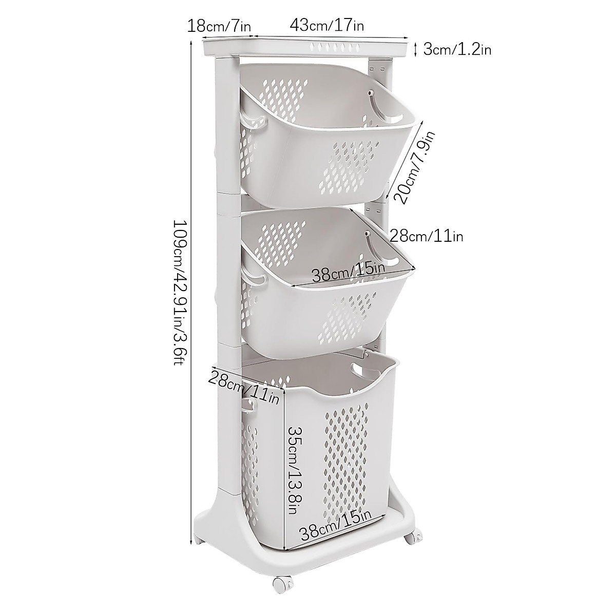 KONKENIE 3 Layers Laundry Hamper Basket Sorter Washing Hamper with 4 Wheels Rolling Clothes Bin Trolley Basket Clothes Storage Organizer 3 Tier Shelf Rolling Cart for Bathrooms Bedrooms White