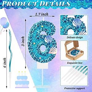 Landhoow 2.76 Inch Birthday Candle Shell Sequins Blue Candle with 6 Pcs 6.7 Inch Twisty Curly Coil Candles for Baby Girl Boy Birthday Cake Topper Anniversary Wedding Mermaid Party Decor(Number 6)