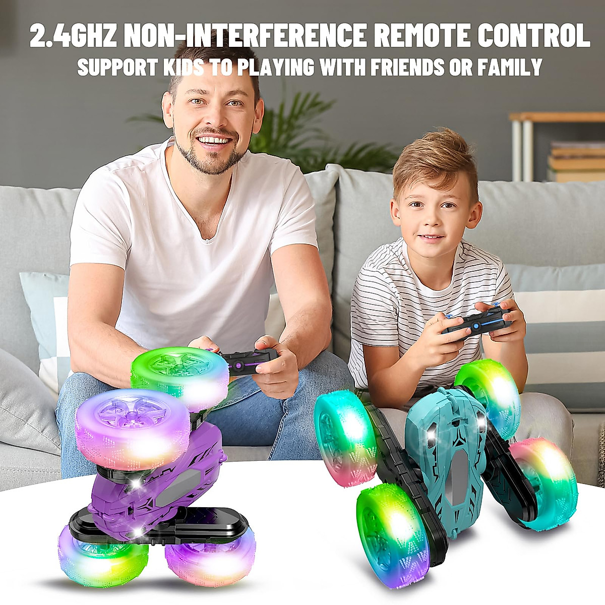 Traverse Star Remote Control Car 360° Rotating RC Cars, 2.4Ghz Double Side RC Stunt Car with Wheel Lights Headlights, RC Race Car Toys for Boys Girls Age 8-12 Christmas Birthday Gift(Cyan)