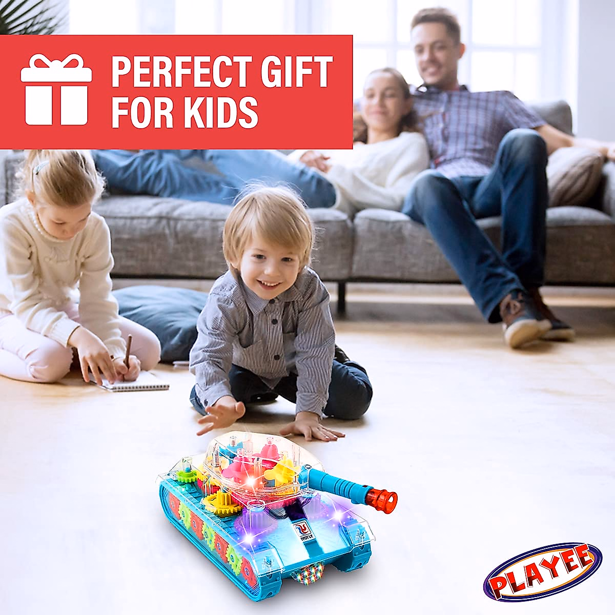 Playee Light Up Transparent Toy Tank – Baby Toys with Music and Lights – 8” Battery Operated Toddler Toys – Sensory Toys for Boys and Girls – Baby Boy Toys for Endless Fun