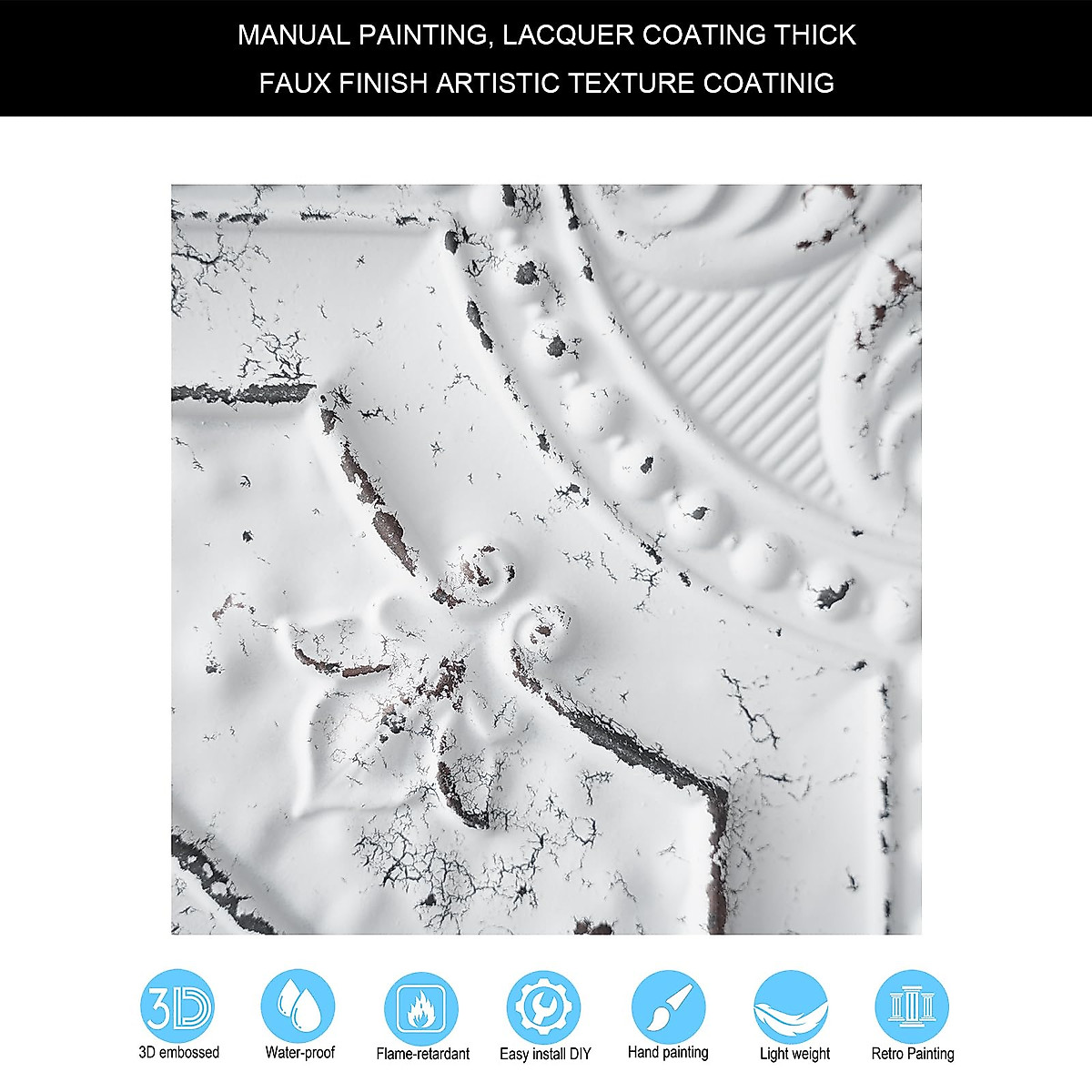 PAINTSDECOR Faux Tin Painting Panel Embellished Ceiling Tiles for Cafe Club Salon Hotel Store Bar 2'x2' PL04 Distress Crack White Black