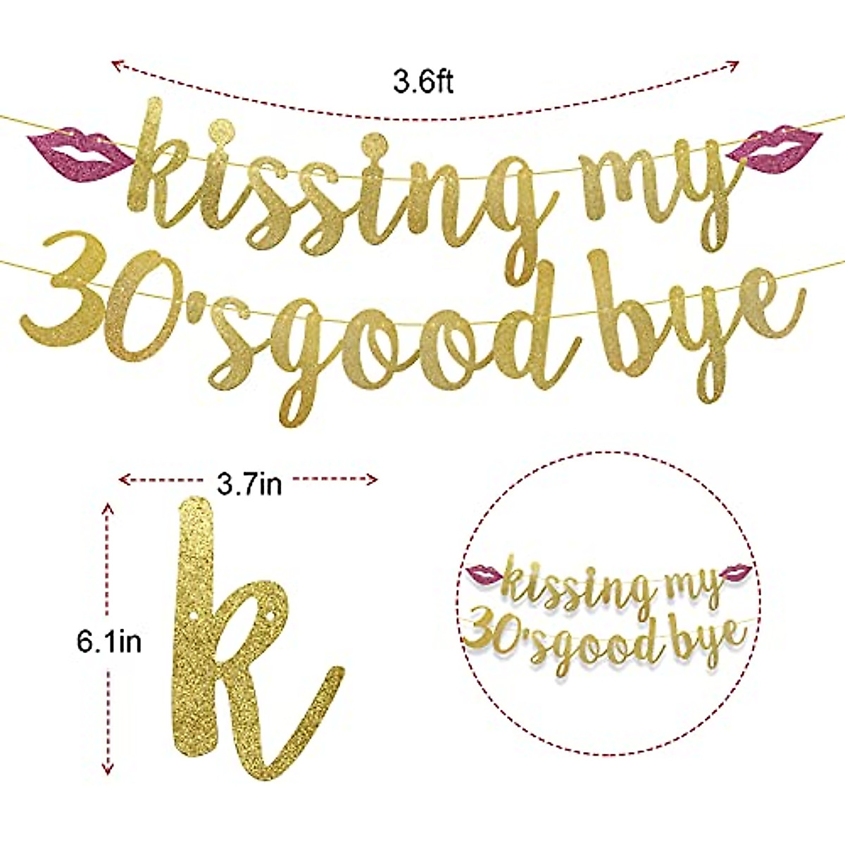 Kissing My 30's Goodbye Banner, 40th Birthday Party Decorations, 40 Years Old Birthday Decor, Lips Sign (Gold Glitter)