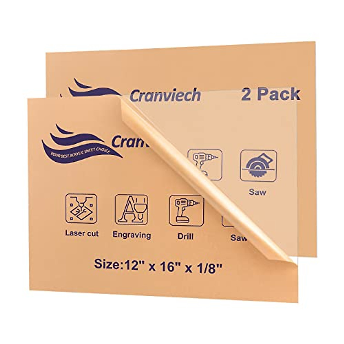 2 Pack Acrylic Sheets, Cranviech Clear Cast Plexiglass Sheet 12" x 16" x 1/8" Glass Alternative for Sign DIY Display Projects Photo Frame Craft Handcraft Painting