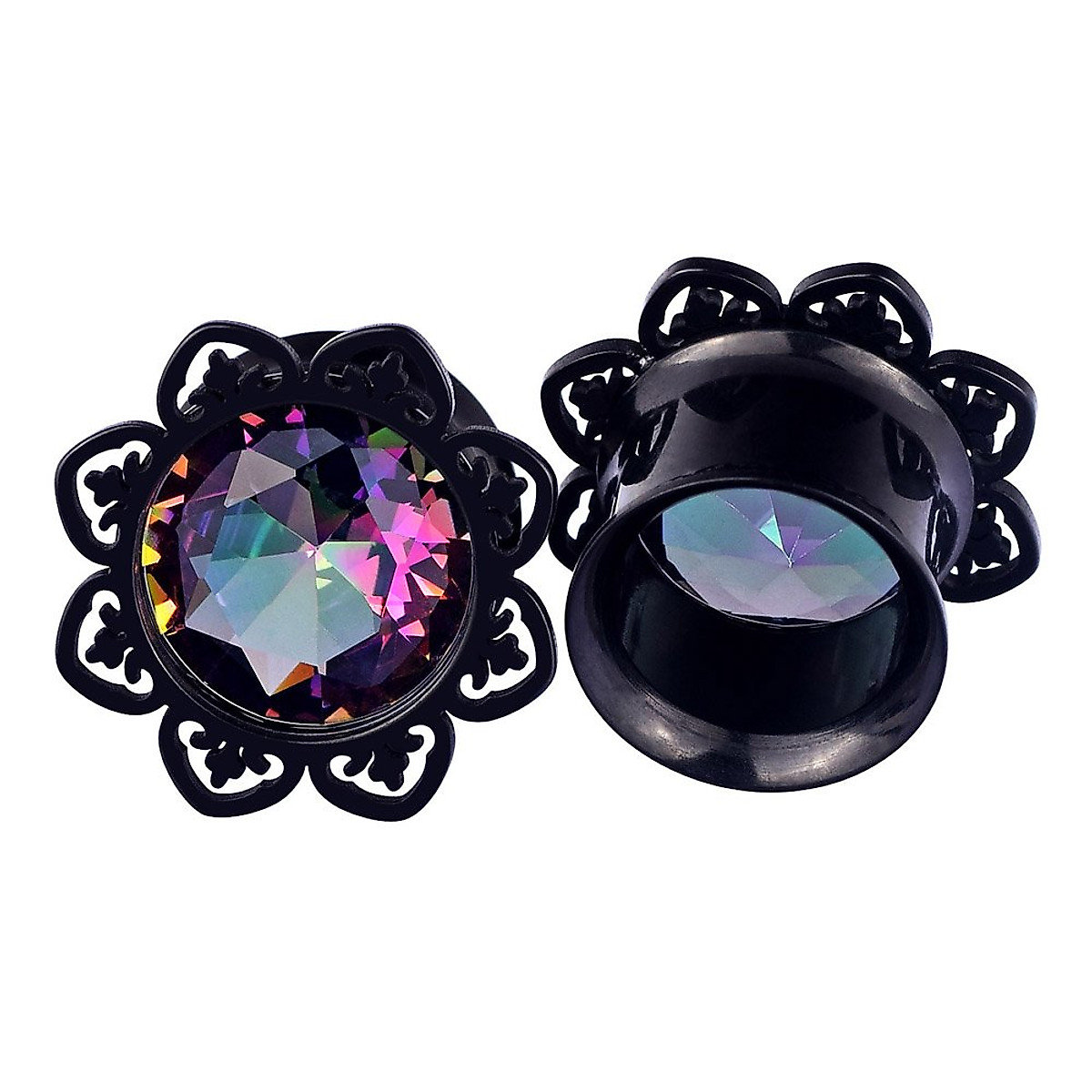 Qmcandy 2pcs 0g-1" Stainless Steel Lotus Edge Crystal Ear Gauges Piercing 0g