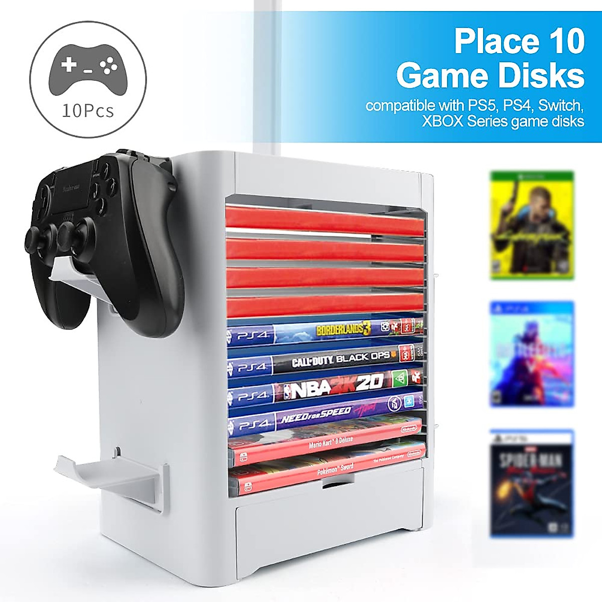 Number-one Game Storage Tower Bracket, Multifunction Gaming Disks Organizer Rack, Most Storage 10 Disk, 2 Headsets Stand 4 Controllers Holder, Compatible with PS5/PS4/XBOX Series Accessories, White