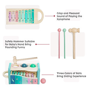 NUKied Musical Pounding Toy for Educational Play, Wooden Montessori Baby Musical Toys with Hammer and Slide Out Xylophone for Toddlers