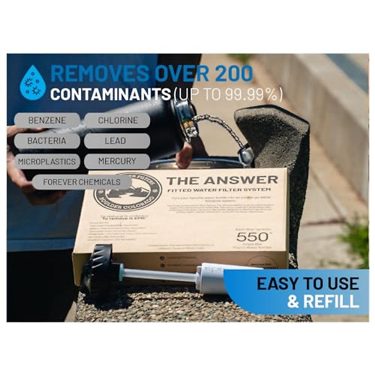 Epic Water Filters The Answer | Water Bottle Filter System Compatible with Hydro Flask/Yeti/Iron Flask/Simple Modern/Hydro Cell | USA Made Filter Removes 99.9% of Tap Water Contaminants