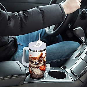 ODAWA Owl Maple Leaf Travel Coffee Tumbler 30 Oz Travel Mug with Handle and Straw