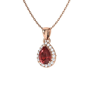 Diamondere Natural and Certified Pear Garnet and Diamond Halo Drop Petite Necklace in 14k Rose Gold | 0.33 Carat Pendant with 18 Inch Chain
