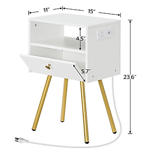 HOOBRO Nightstand with Charging Station, End Table with USB Ports and Outlet, Side Table for Tight Spaces, Solid and Stable, for Office, Bedroom, Study, White and Gold DW88UBZ01