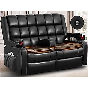 Loveseat Recliner Sofa, Reclining Loveseat with Removable Console, USB Ports & Cup Holders, RV Wall Hugger Double Recliner Couch, 2 Layer Cushion Modern Manual Love Seat Chair for Living Room, Black