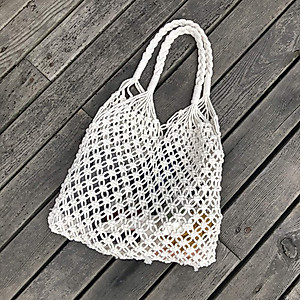 Hixixi Cotton Rope Travel Beach Fishing Net Handbag Shopping Woven Shoulder Bag for Women Girls (White)