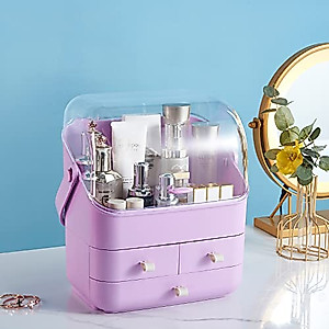 SUNFICON Makeup Organizer Cosmetic Storage Holder Case Purple Beauty Essential Box with Dust Free Cover Portable Handle Fully Open Waterproof Lid Dustproof Drawers Bathroom Countertop Bedroom Dresser