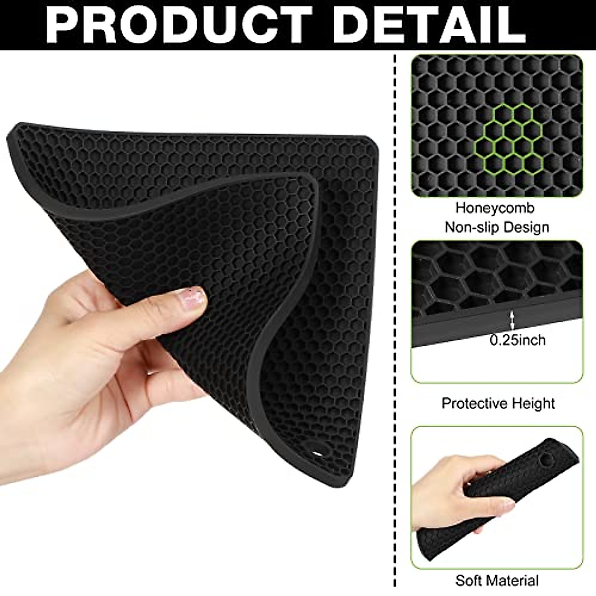 Bokon 12 Pcs Silicone Trivet for Hot Dishes 7'' Square Silicone Trivet Mats Heat Resistant Pot Holders Black Anti Slip Silicone Pot Mat Table Placemats for Pots and Pans Hot Pad for Kitchen Counter