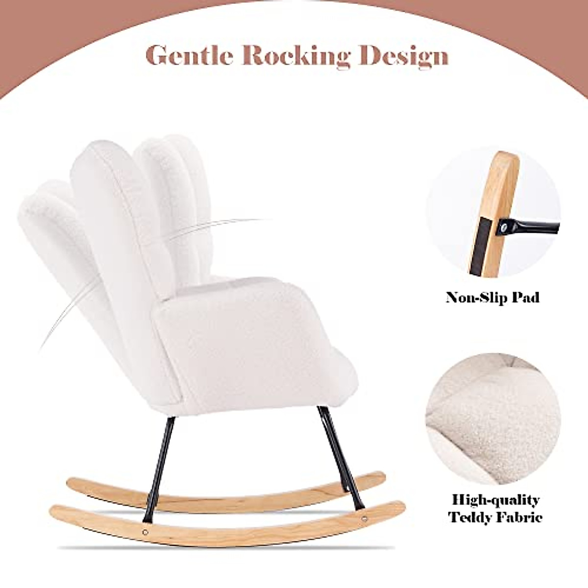 Polaris Garden Nursery Rocking Chair, Modern Teddy Fabric Nursing Chair for Mom and Baby, Accent Upholstered Rocker Glider Chair with High Backrest for Nursery Bedroom Living Room (Ivory White)
