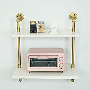 Gold,Industrial Retro Wall Mount Iron Pipe shelves,Microwave Oven Rack- Wall mounted Microwave Oven Shelf Stand,Storage Organizer For Kitchen,Oven,Toaster,Utensils,Spice,Mitts and more