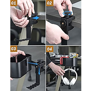 yamagahome Desk Cup Holder, 2 in 1 Table Cup Holder with Headphone Hanger, Anti-Spill Tableside Cup Holder for Water Bottles, Wheelchairs, Workstations, Gaming Desk Accessories
