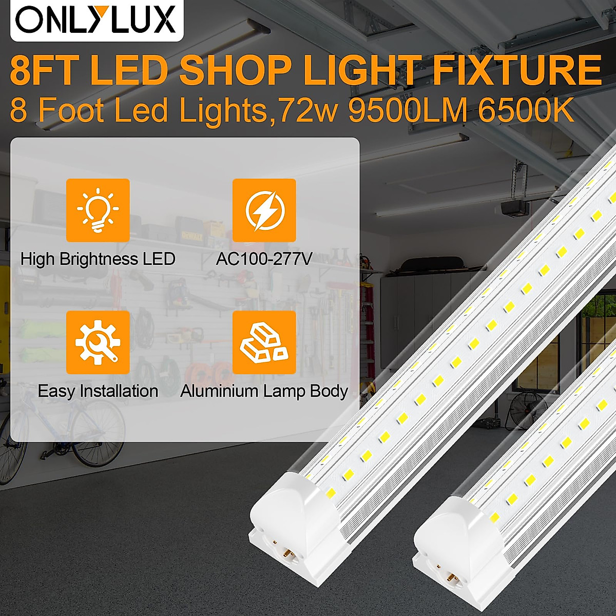 ONLYLUX 8ft LED Shop Lights, 8 Foot Led Lights,72w 9500LM 6000K LED, 96'' T8 Integrated LED Tube, Linkable Led Bulbs for Garage, Warehouse, v Shape Clear Lens (10 Pack)