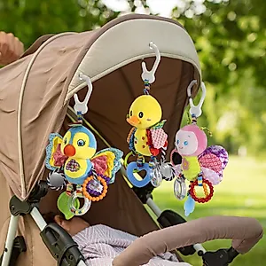 Funsland 3 Pack Stroller Toys - Car Seat Toys for Infants with Teether Hanging Toys - Butterfly + Birdie + Duck