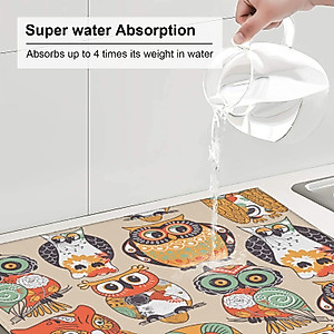 Owl Dish Drying Mat For Kitchen Counter Decor And Accessories 16 X 18 Inch Microfiber Dish Drainer Rack Mats