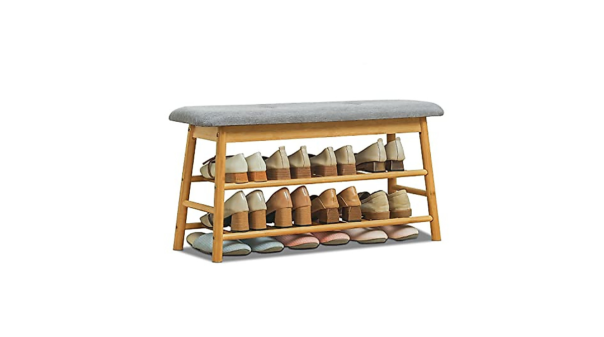 MoNiBloom 2 Tier Shoes Bench, Bamboo Upholstered Shoe Rack Entryway ...
